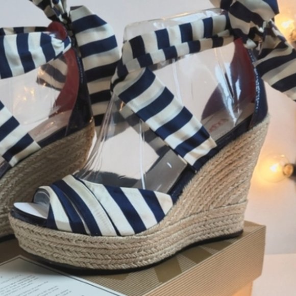 UGG | Shoes | New Ugg Lucianna Silk Navy White Striped Wedge Size 65 ...